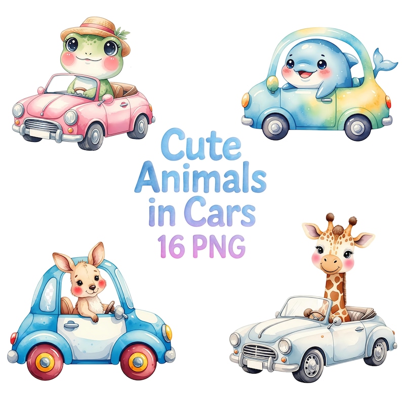 Cute Animals in Cars Clipart – 16 Adorable Animals Driving Retro Cars ...
