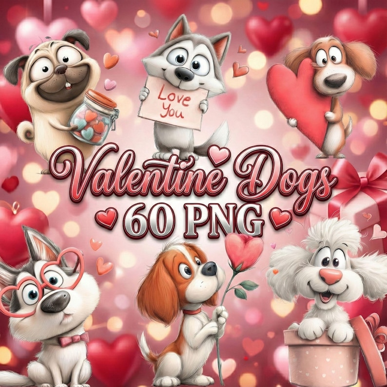 Valentine Dogs Clipart Bundle – 60 Watercolor Puppies PNG, Hearts, Love ...