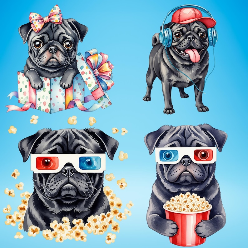 Pug Life Clipart – 40 Cute Watercolor Pug Dog Pngs, Funny Pug Stickers ...