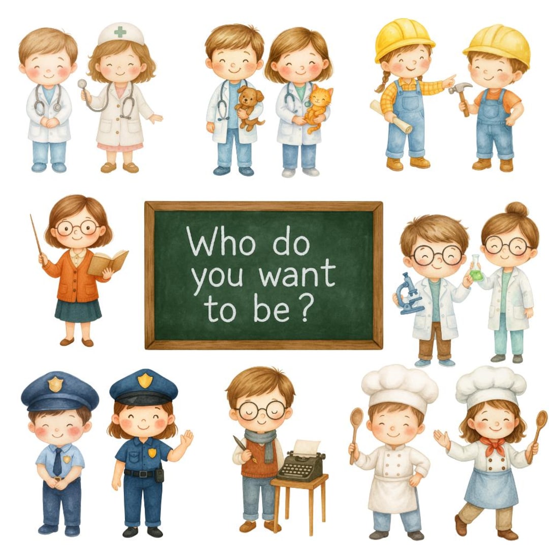 Kids Professions Clipart – 50 Watercolor PNG – Cute Children in Jobs ...