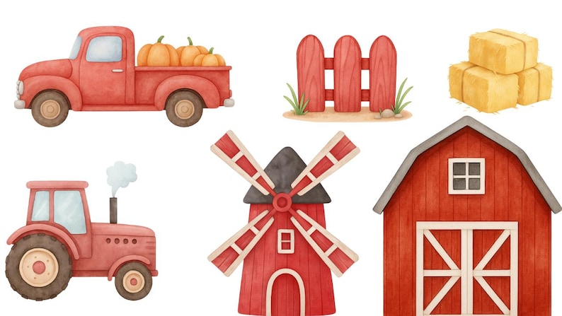 Cute Farm Watercolor Clipart – 55 PNG Farm Animals, Farmers, Barns ...