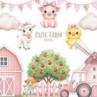 Pink Farm Clipart and Watercolor Animals Bundle Png Collection ...