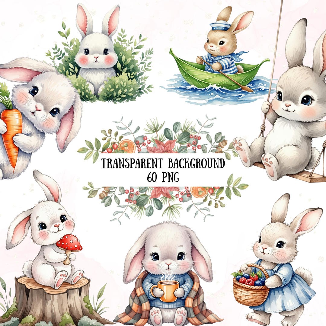 Cute Bunnies Clipart – 60 Watercolor Rabbit Pngs for Stickers, Easter ...