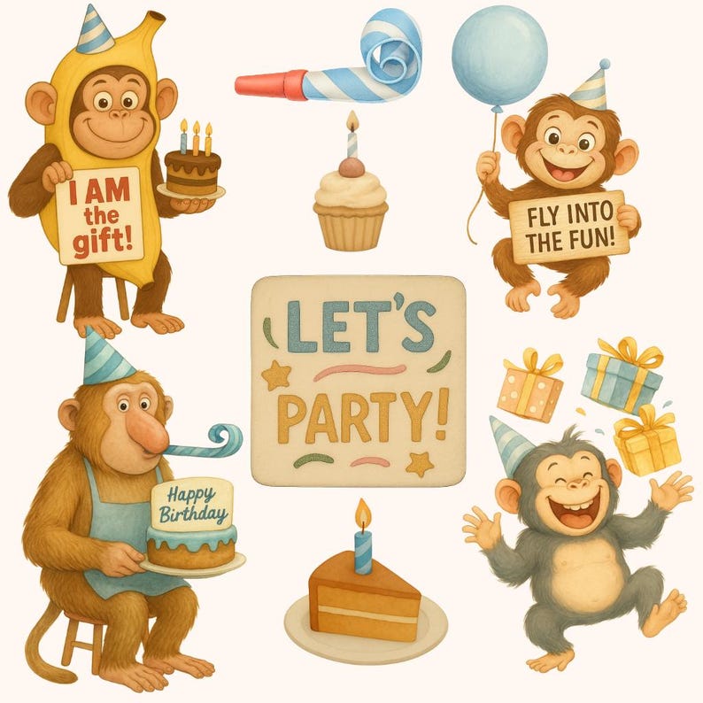 Cute Birthday Monkeys Watercolor Clipart – 25 Party Monkeys PNG, Jungle ...