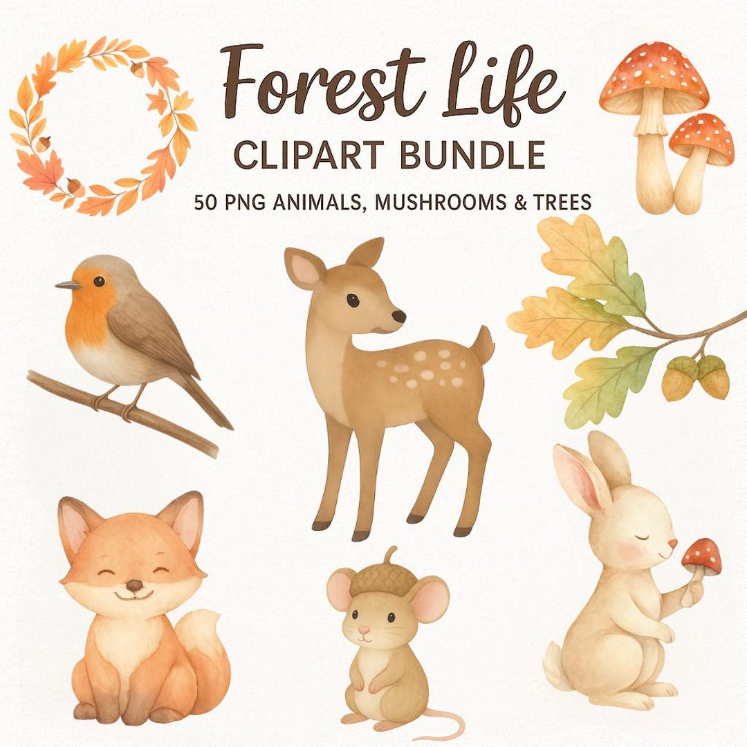 Cute Woodland Animals Clipart – 50 Pastel Watercolor Forest Creatures ...