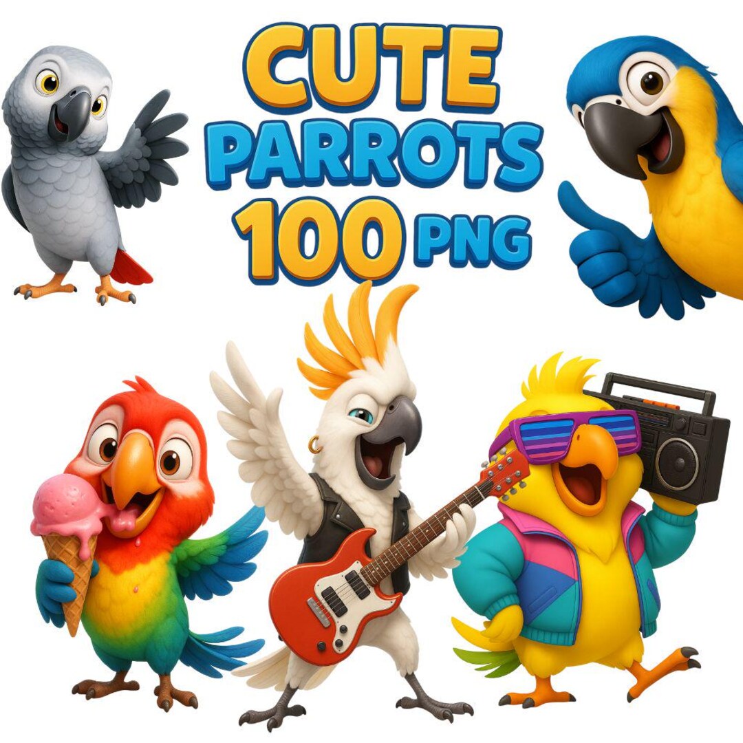 Cute Parrots Clipart – 100 Tropical Cartoon Birds PNG, Parrot Clipart ...
