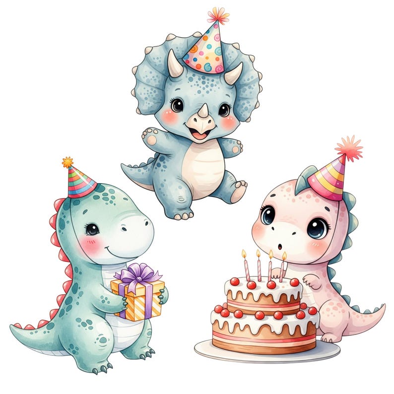 Cute Dinosaurs Birthday Clipart – 45 Adorable Party Pngs, Watercolor ...