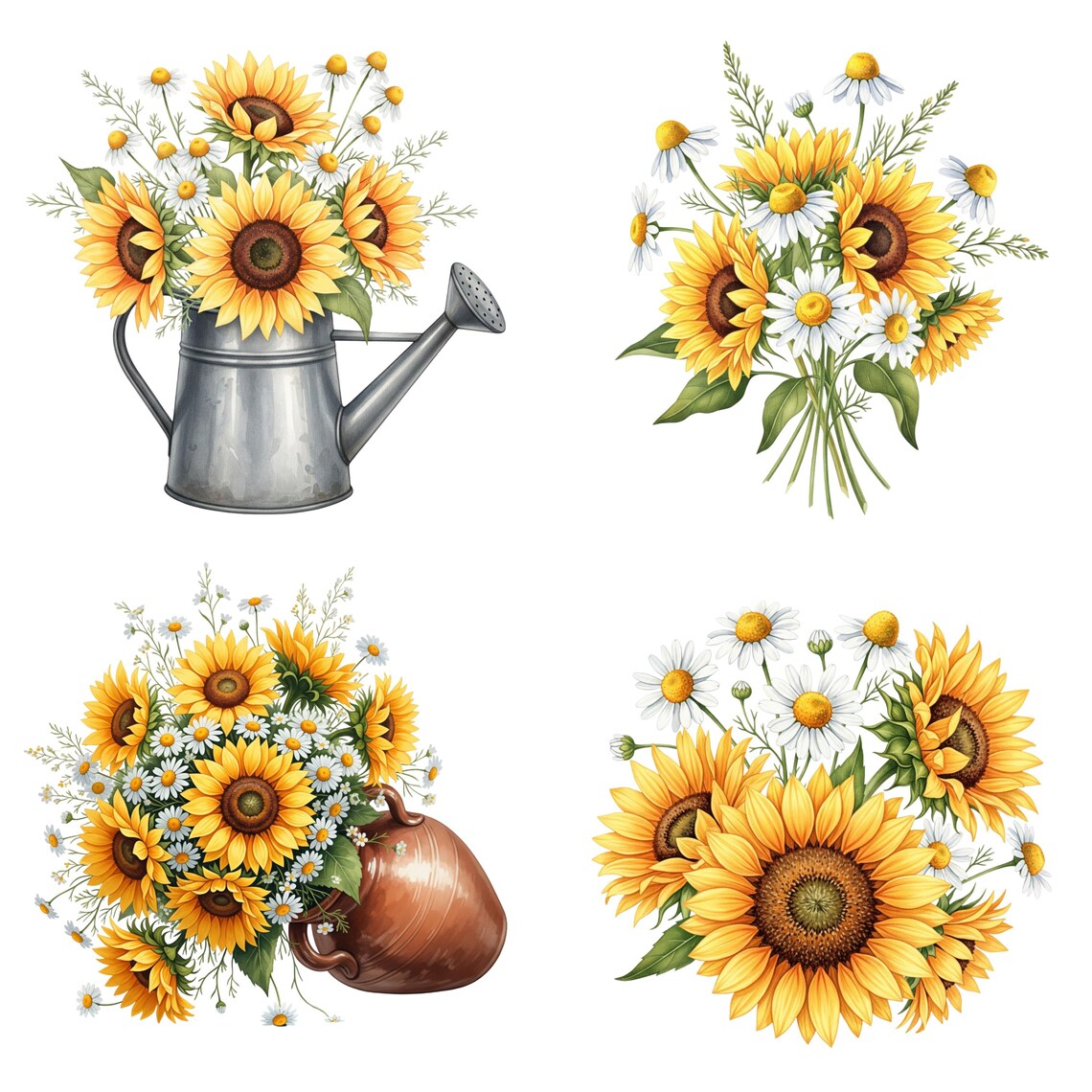 Sunflowers & Daisies Watercolor Clipart – 32 PNG Floral Illustrations ...