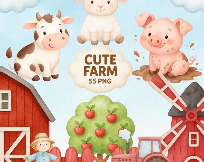 Cute Farm Watercolor Clipart – 55 PNG Farm Animals, Farmers, Barns ...