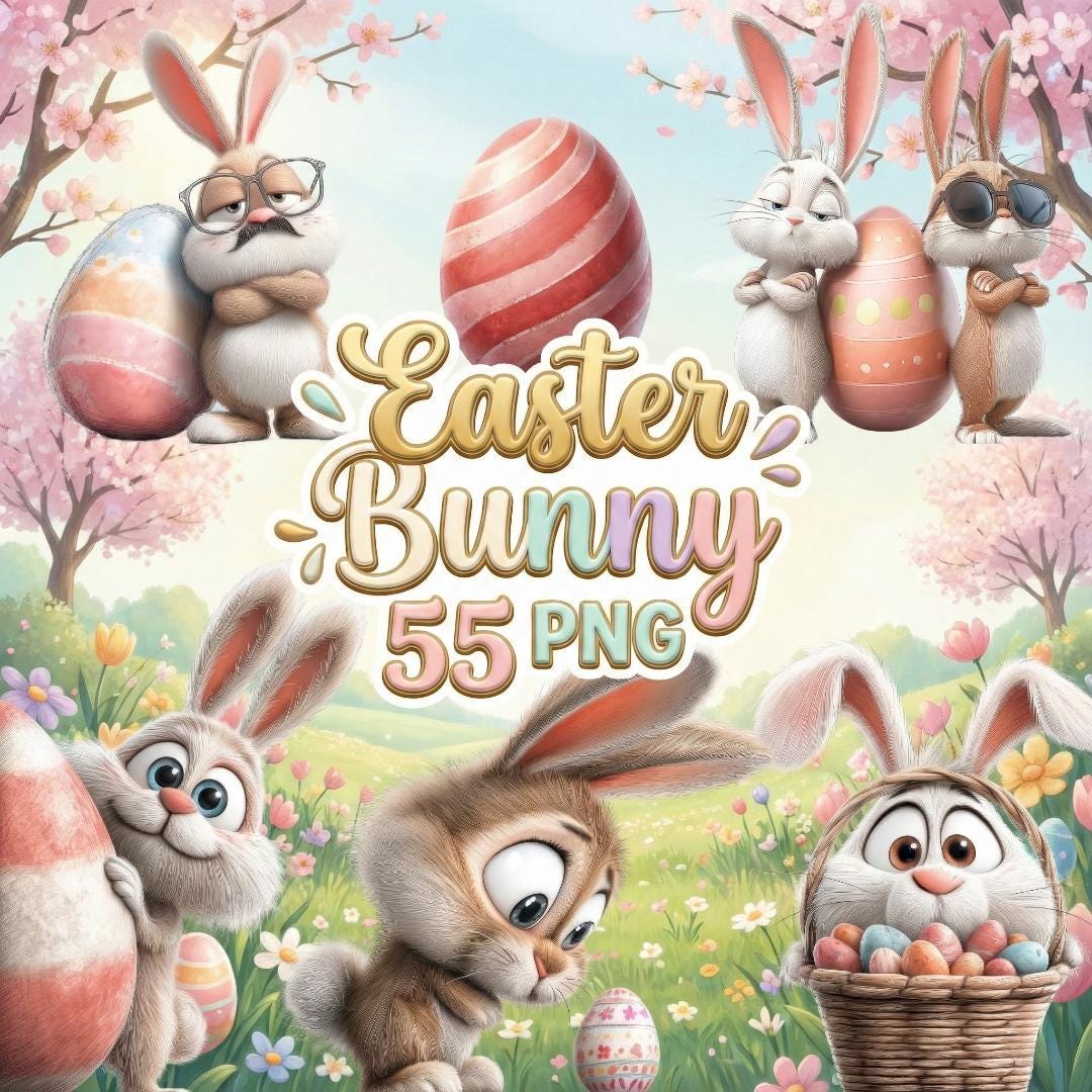 Easter Bunny & Eggs Clipart Bundle – 55 Watercolor PNG, Cute Bunny ...