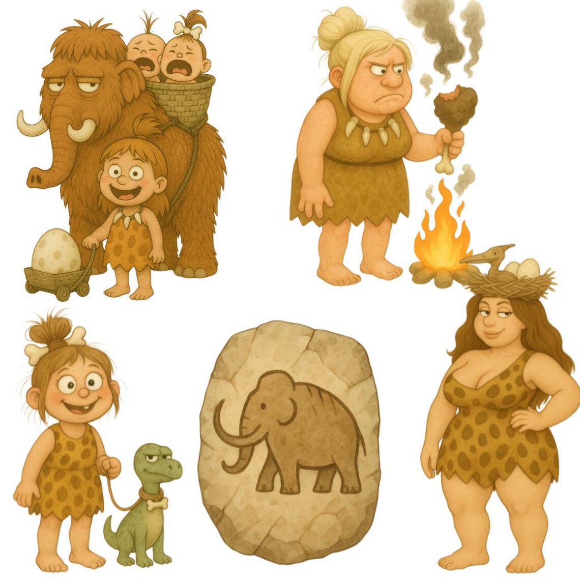 Funny Prehistoric Clipart in Watercolor Style Cavemen Dinosaurs ...
