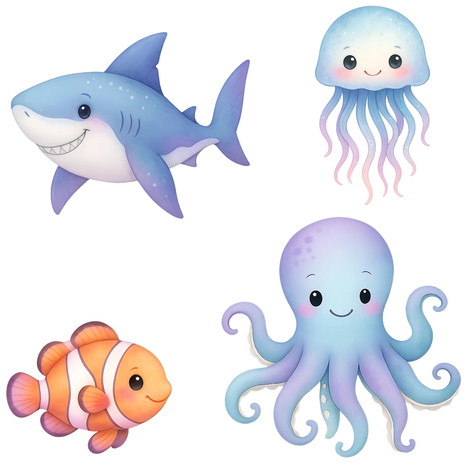 Cute Sea Animals Watercolor Clipart – 40 PNG Ocean Creatures & Elements ...