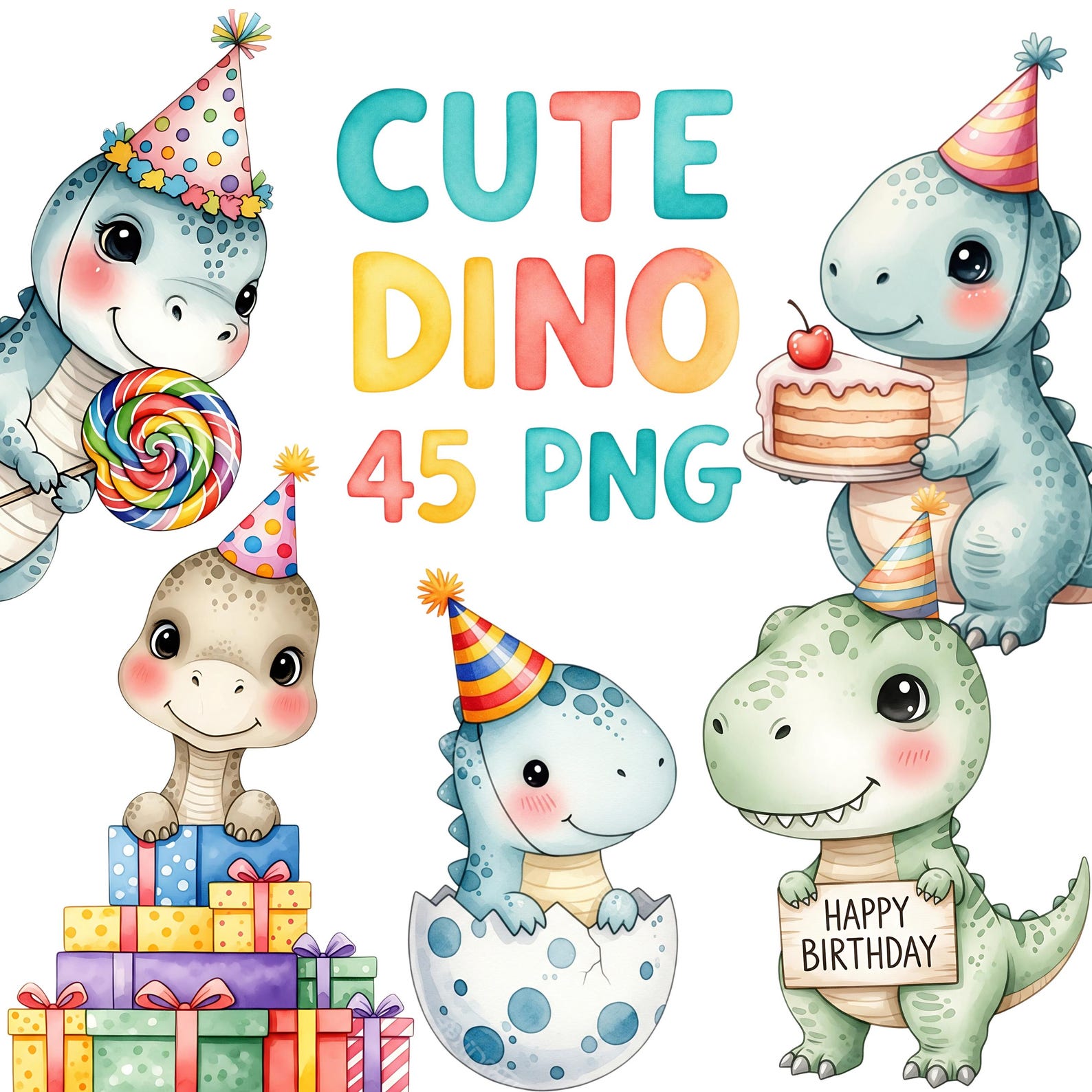 Cute Dinosaurs Birthday Clipart – 45 Adorable Party Pngs, Watercolor ...