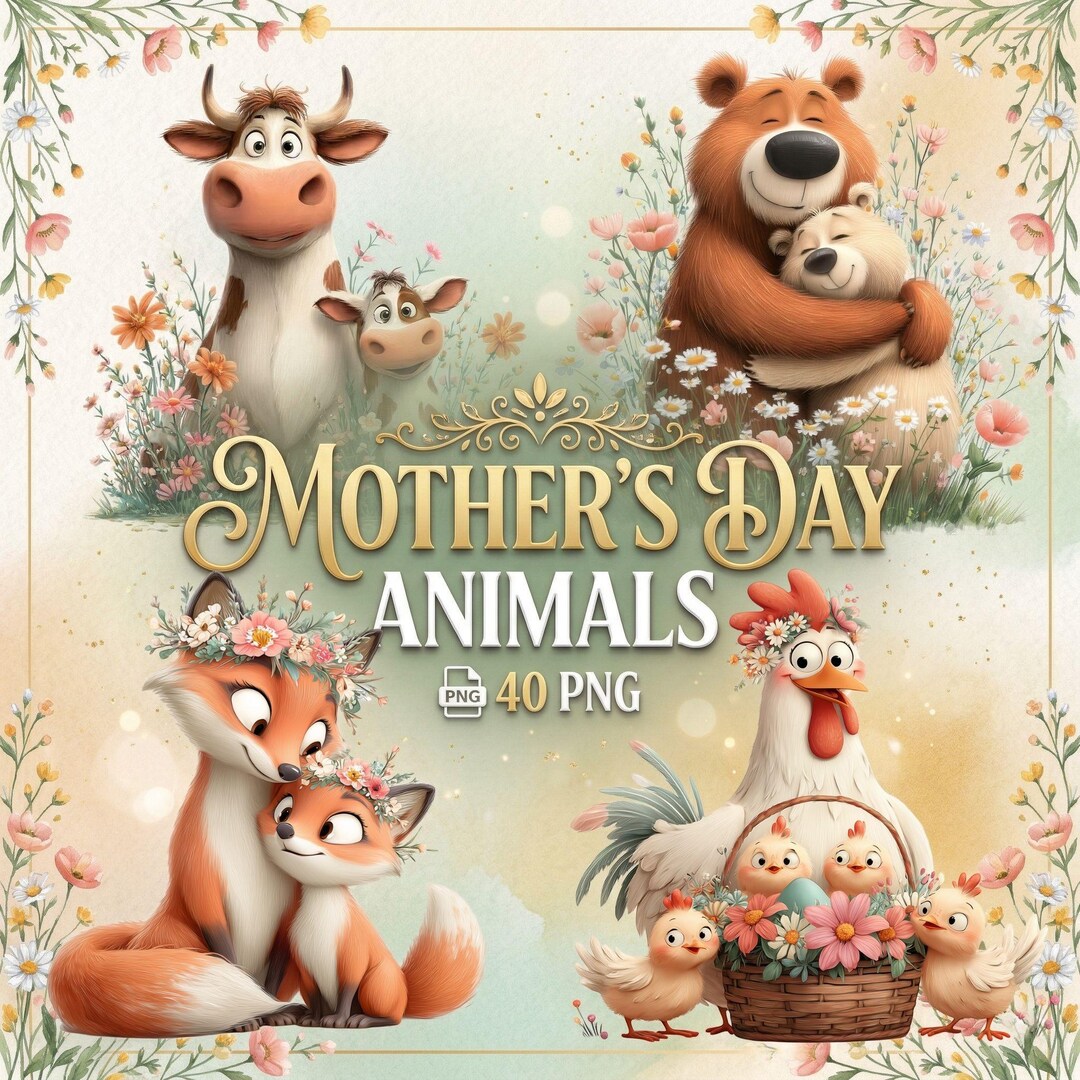 Mother's Day Animals Clipart – 40 Watercolor Mom & Baby PNG, Cute ...
