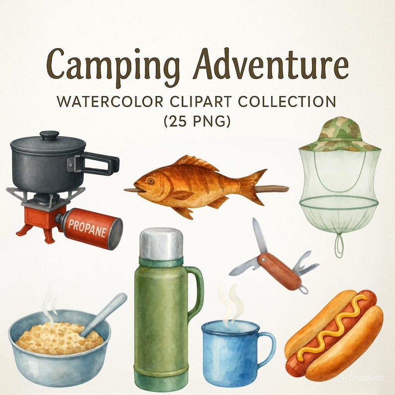 Camping Adventure Clipart – Watercolor Forest Animals, Tent, Campfire ...