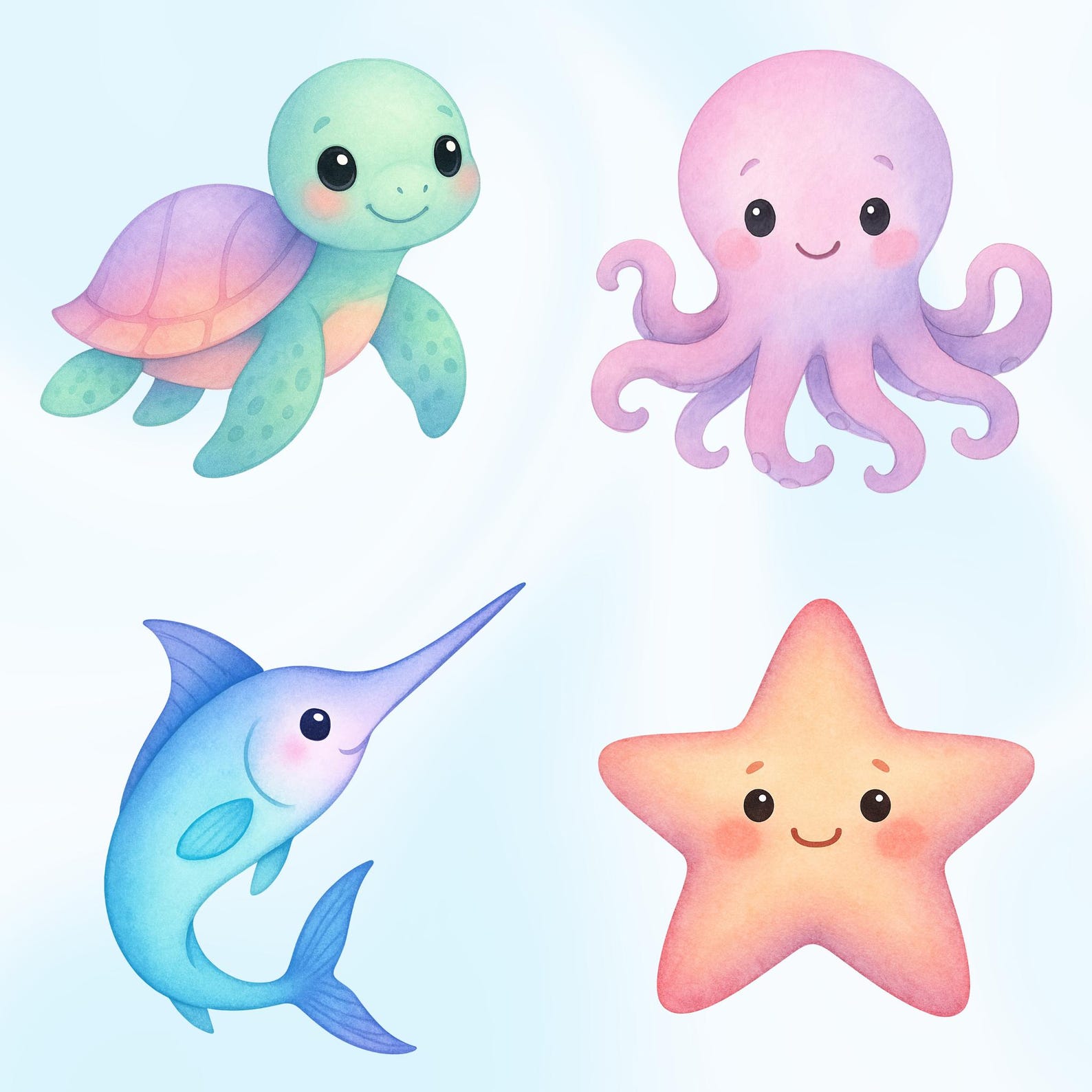 Cute Sea Animals Watercolor Clipart – 45 PNG Ocean Creatures & Elements ...