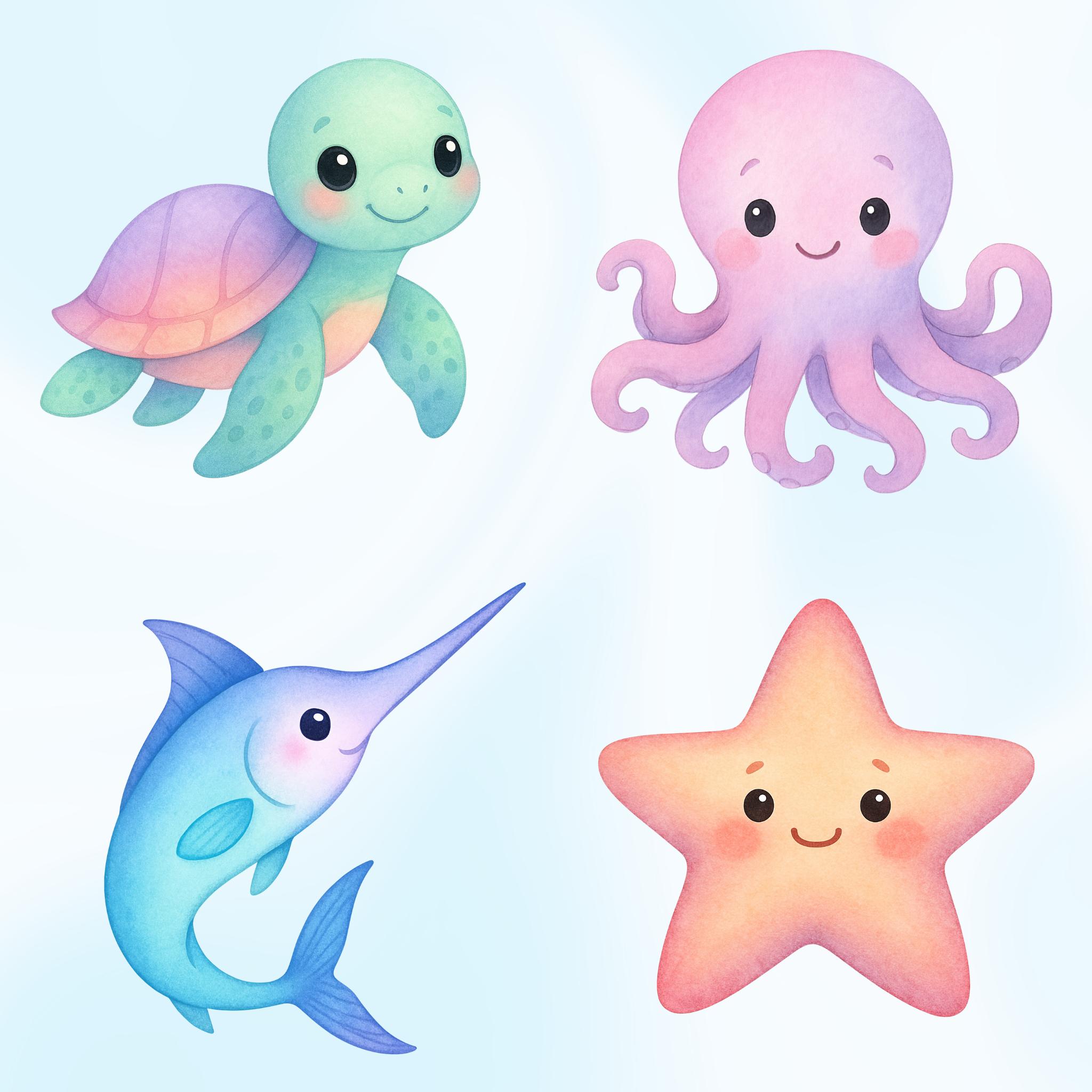 Cute Sea Animals Watercolor Clipart – 45 PNG Ocean Creatures & Elements ...