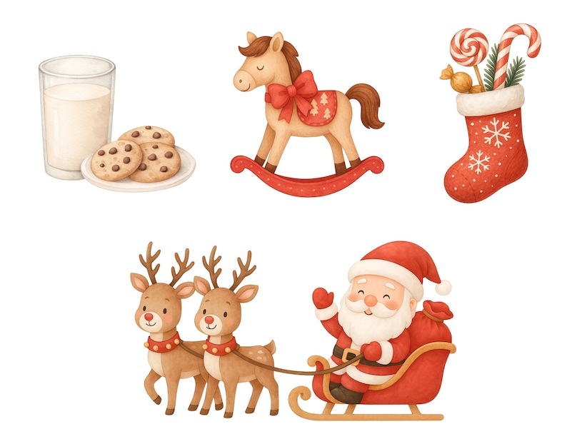 Cute Watercolor Christmas Clipart- 50 PNG, Santa, Reindeer, Snowman ...