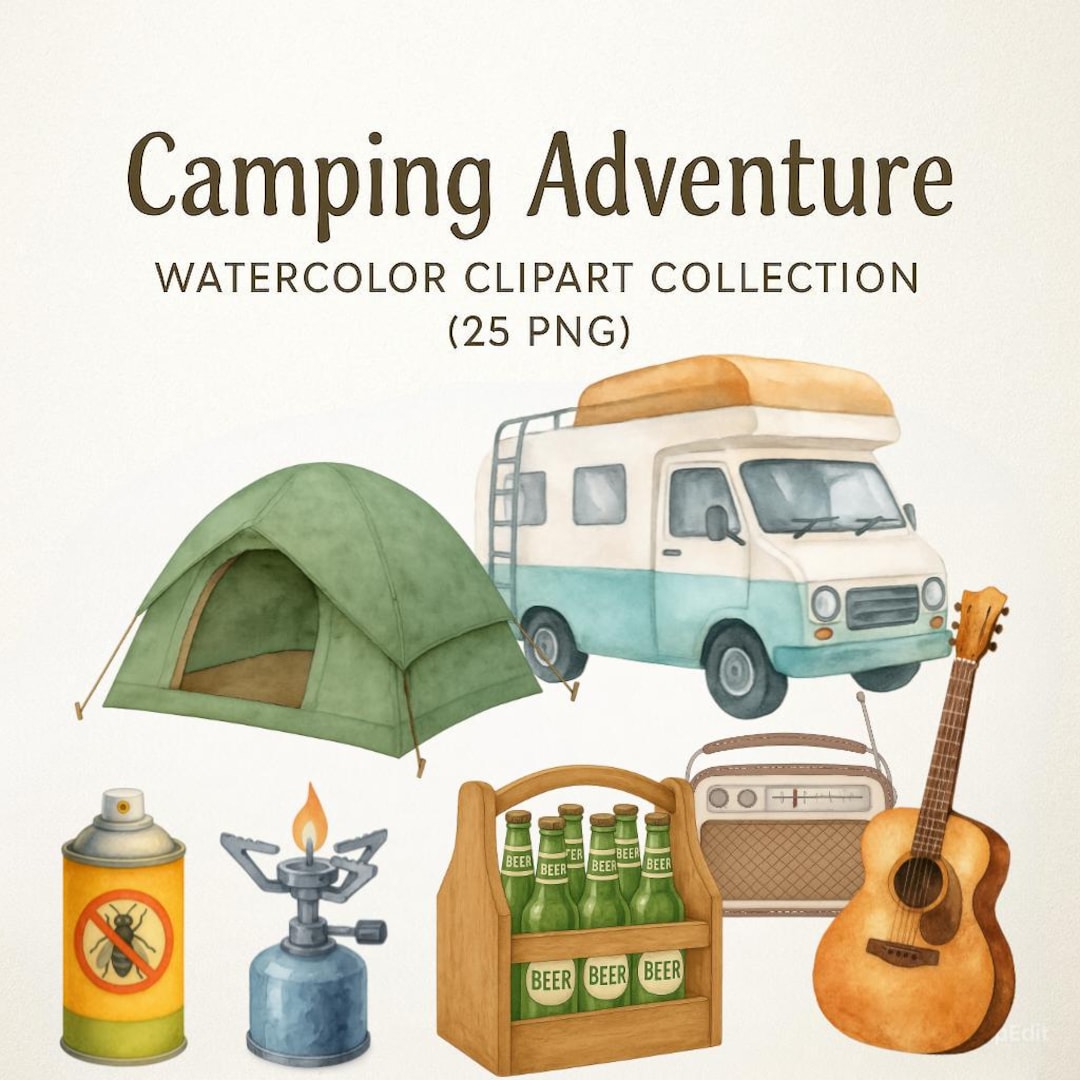 Camping Adventure Clipart – Watercolor Forest Animals, Tent, Campfire ...