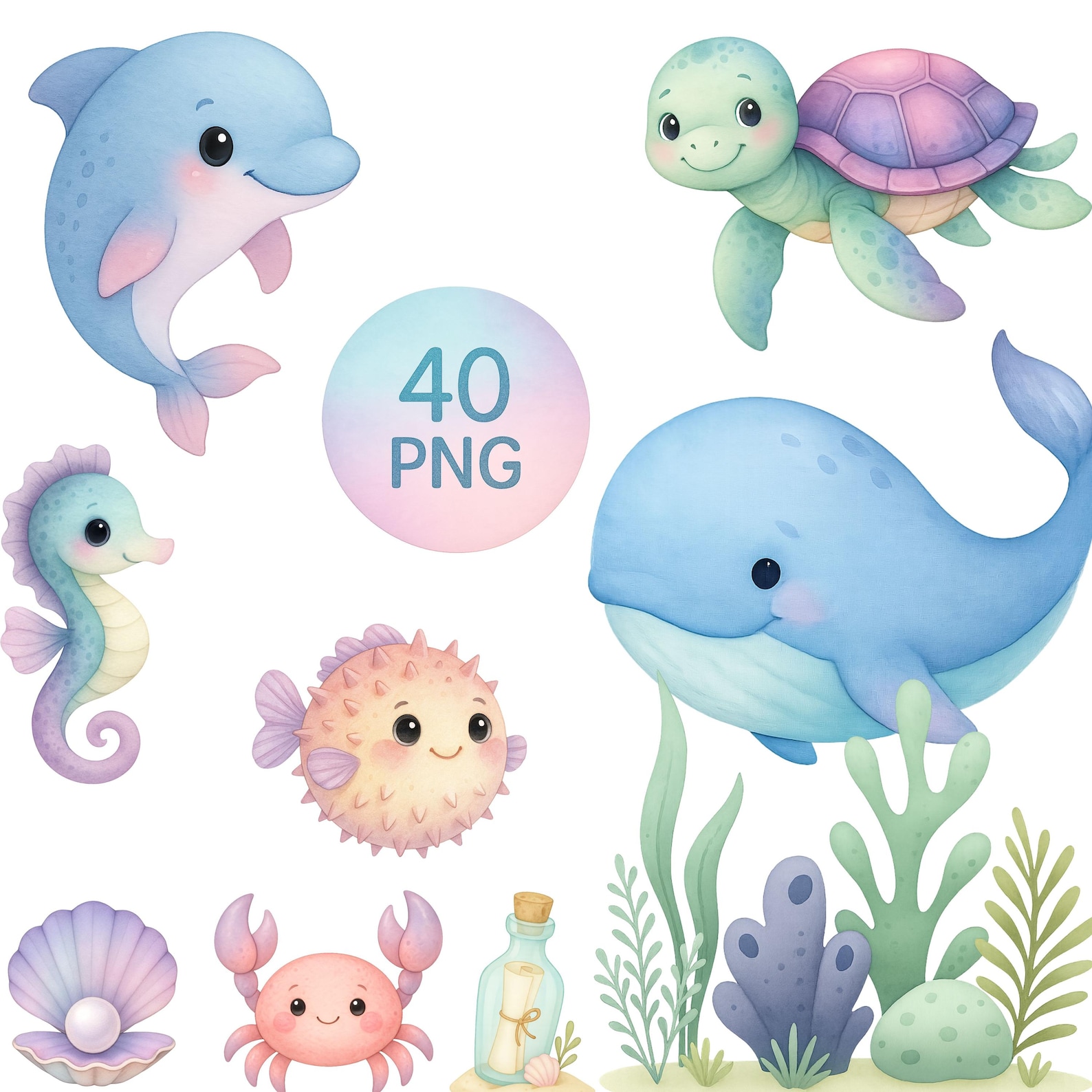 Cute Sea Animals Watercolor Clipart – 40 PNG Ocean Creatures & Elements ...