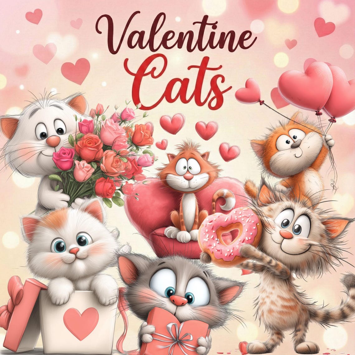 Valentine Cats Clipart Bundle – 55 Watercolor Kittens PNG, Hearts, Love ...