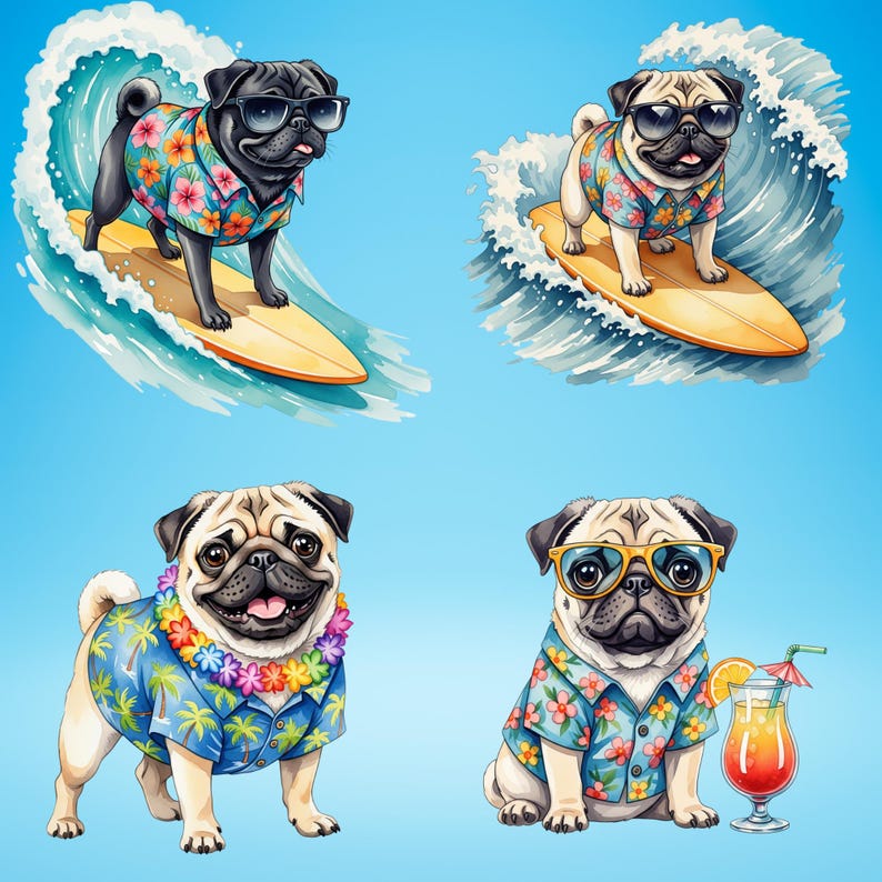 Pug Life Clipart – 40 Cute Watercolor Pug Dog Pngs, Funny Pug Stickers ...
