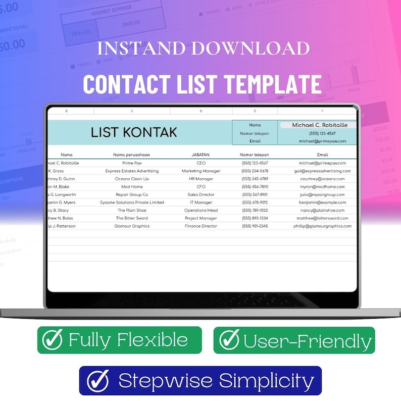 Contact List Template Easy-to-use Contact Organizer Manage Personal ...