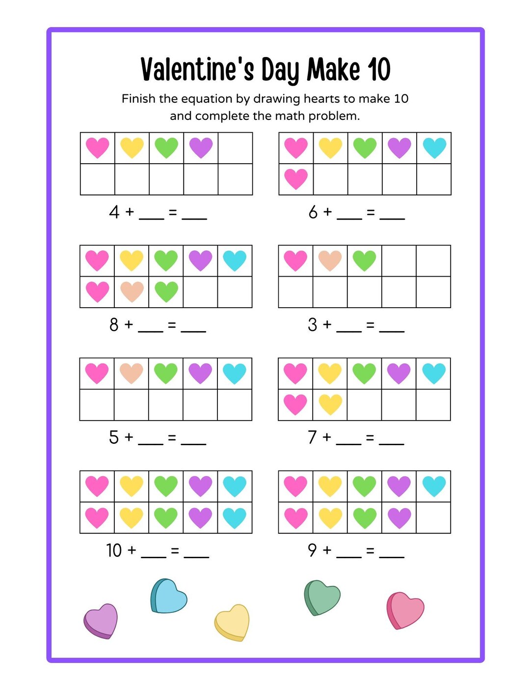Make 10 Valentine's Math Activity Worksheet - Etsy