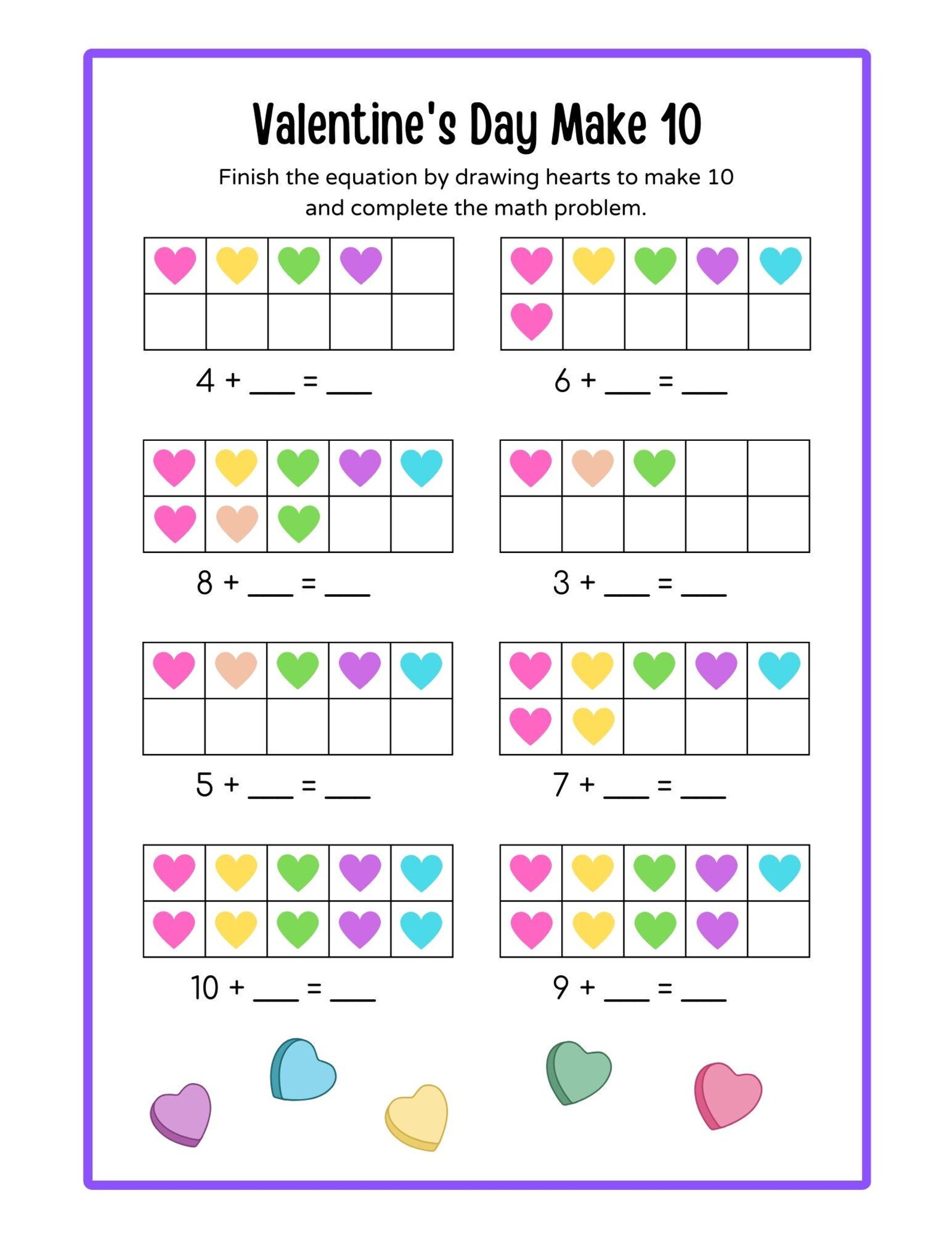 Make 10 Valentine's Math Activity Worksheet - Etsy