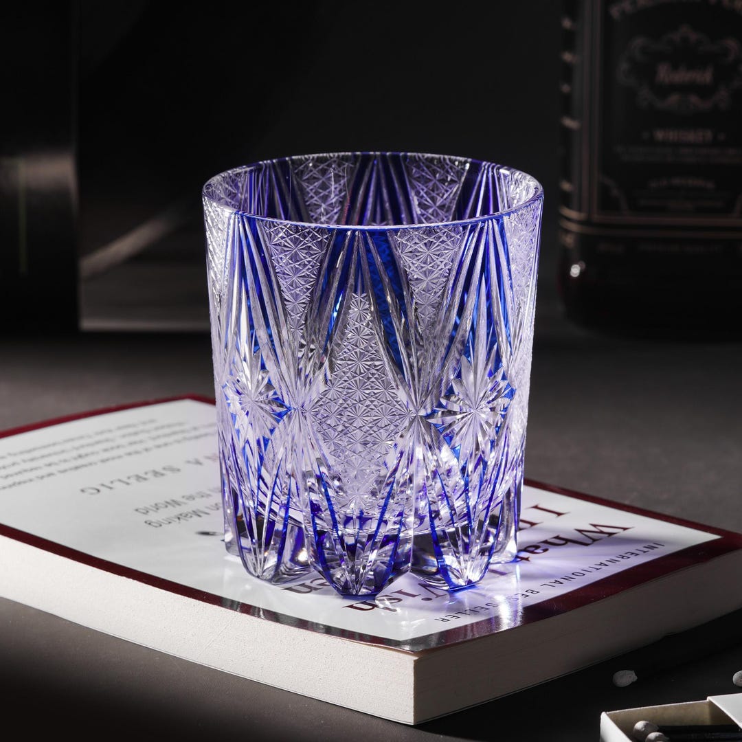 Hand Cut Edo Kiriko Blue Crystal Whisky Glass, Vintage Bourbon Cocktail ...