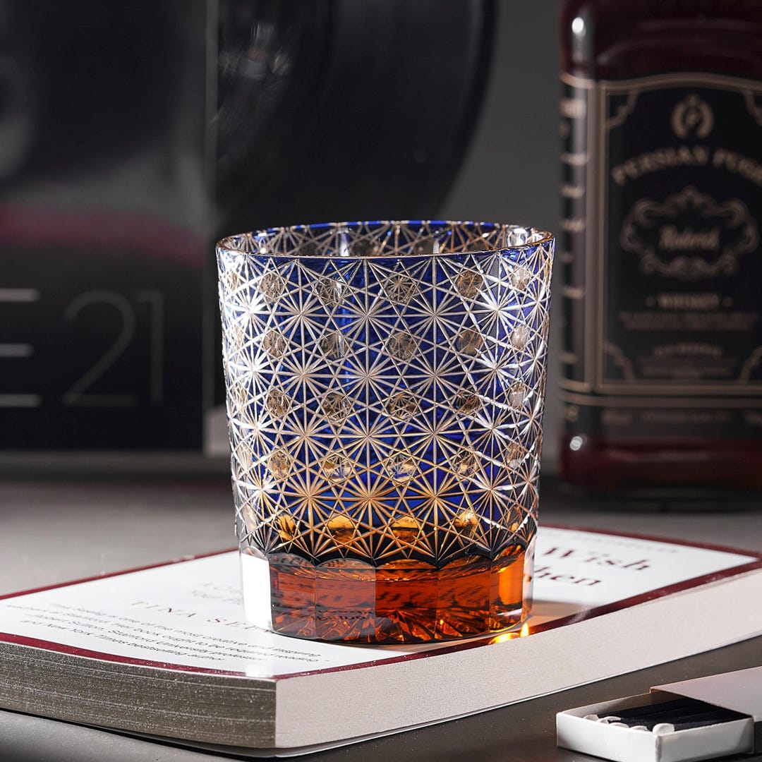 Hand Cut Edo Kiriko Crystal Whisky Glass, Vintage Blue Bourbon Cocktail ...