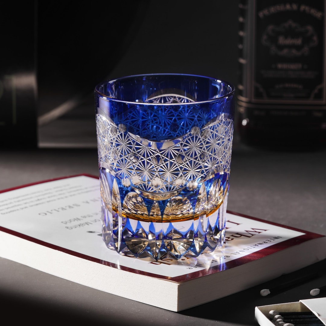 Hand Cut Edo Kiriko Blue Crystal Whisky Glass, Cocktail Tumbler Glass ...