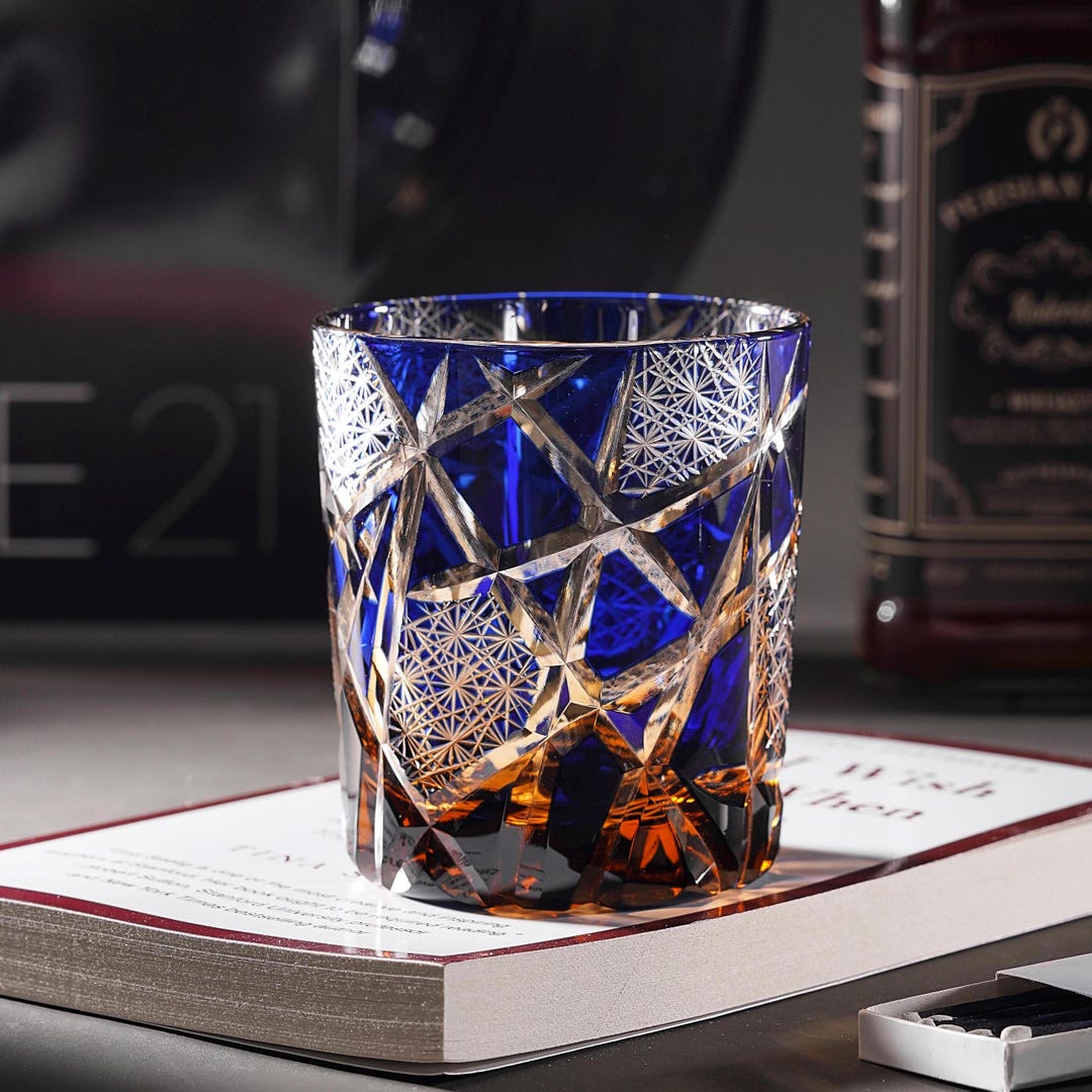 Hand Cut Blue Kiriko Crystal Whisky Glass, Old Fashion Cocktail Glass ...