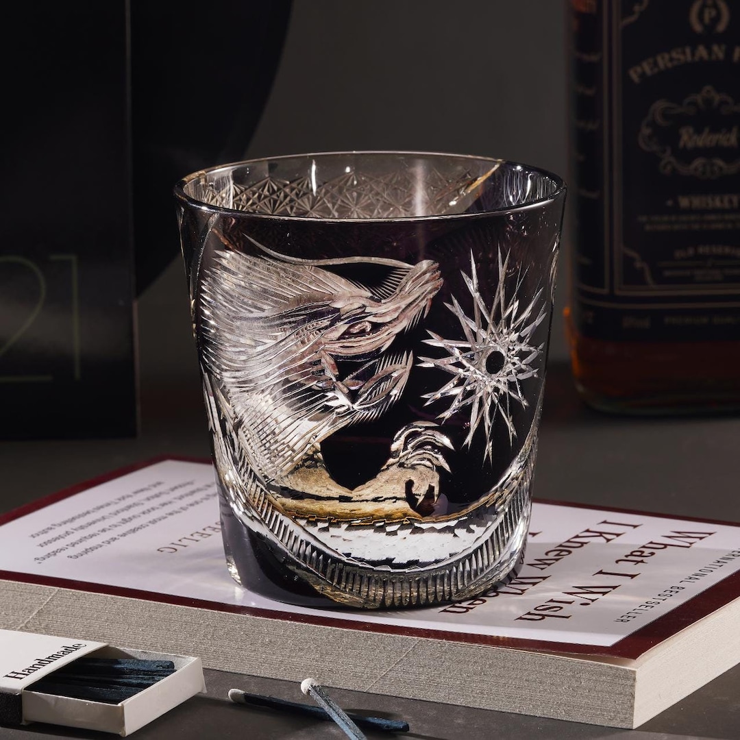 Hand-cut Edo Kiriko Dragon Pattern Crystal Whisky Glass, Vintage ...