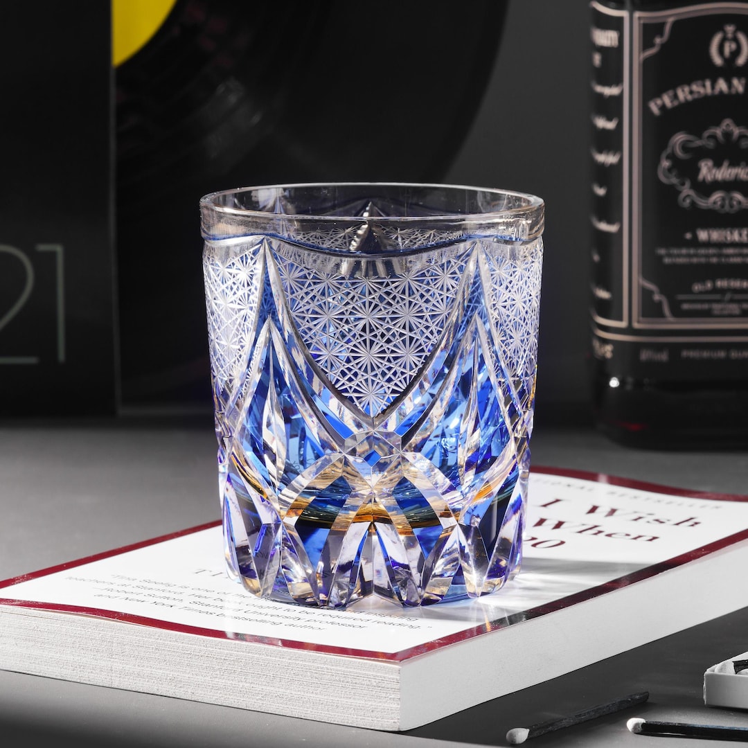 Hand Cut Edo Kiriko Blue Crystal Whisky Glass, Engraved Vintage ...