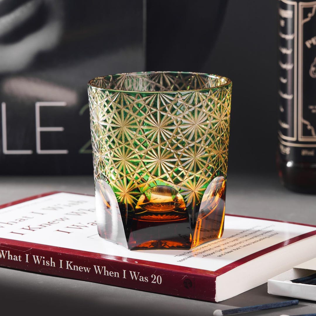Hand Cut Green Edo Kiriko Crystal Whisky Glass, Vintage Bourbon Wine ...
