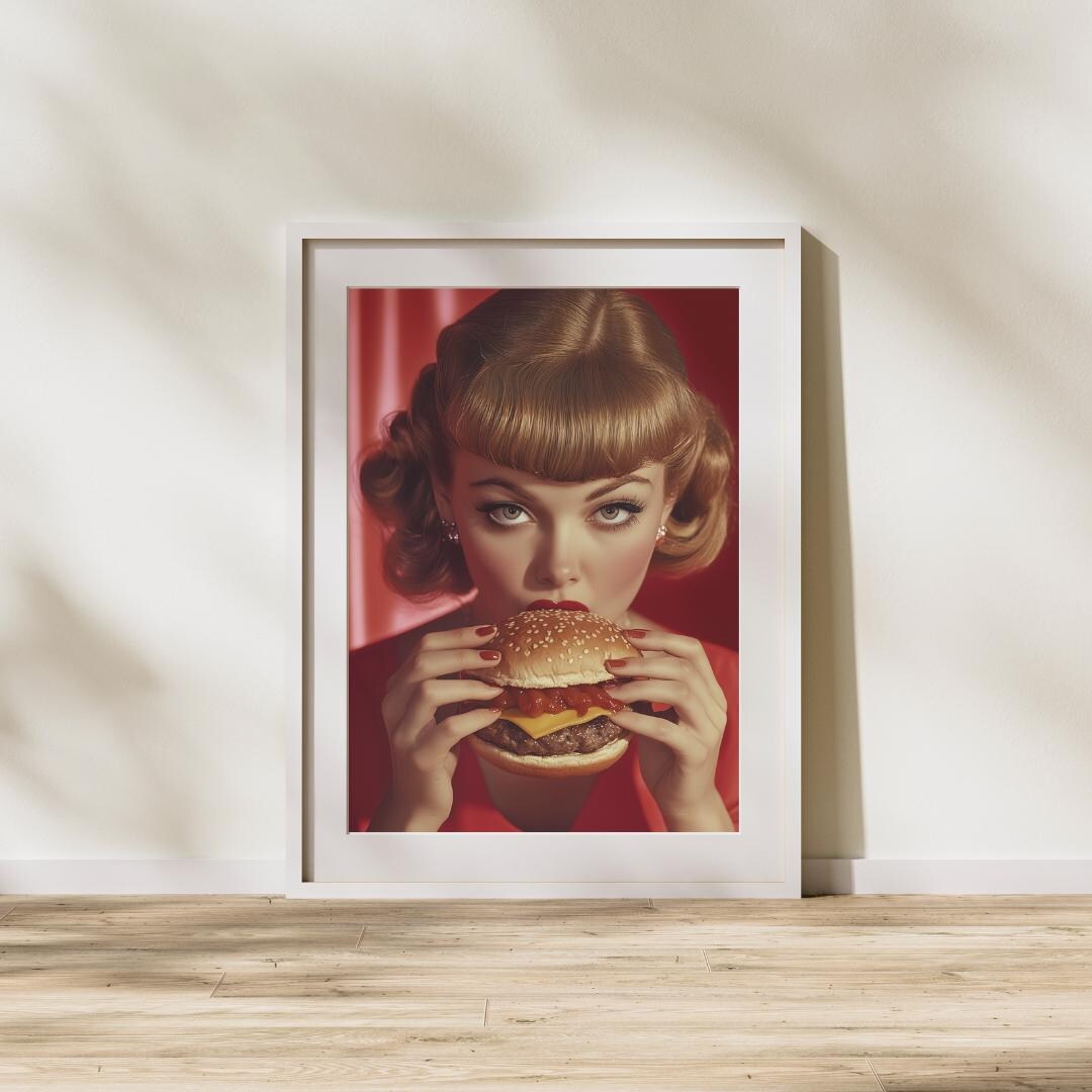Vintage Wall Art, 70s Woman Eating Burger, Restaurant Art, Printable ...