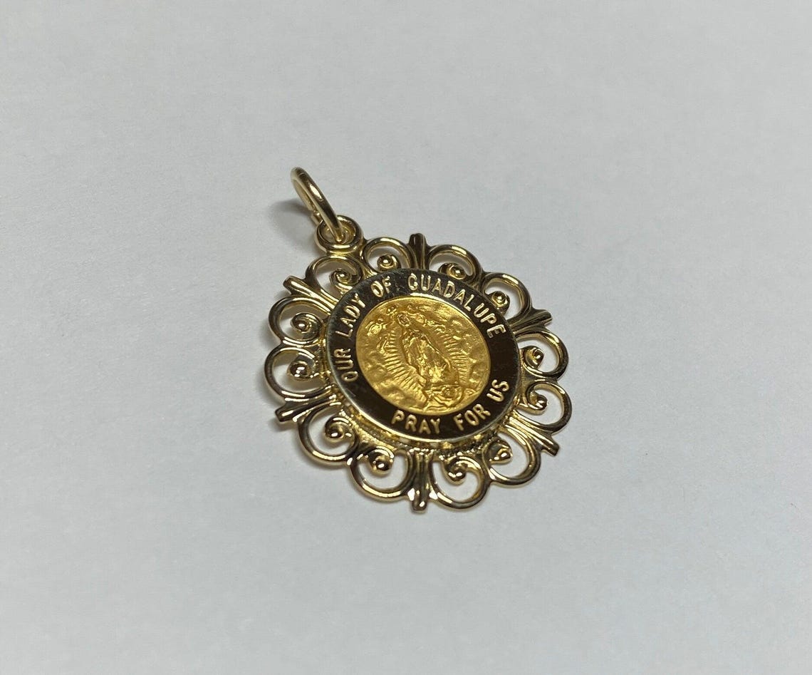 14 Karat Yellow Gold Our Lady of Guadalupe Pray for Us Filigree Medal ...