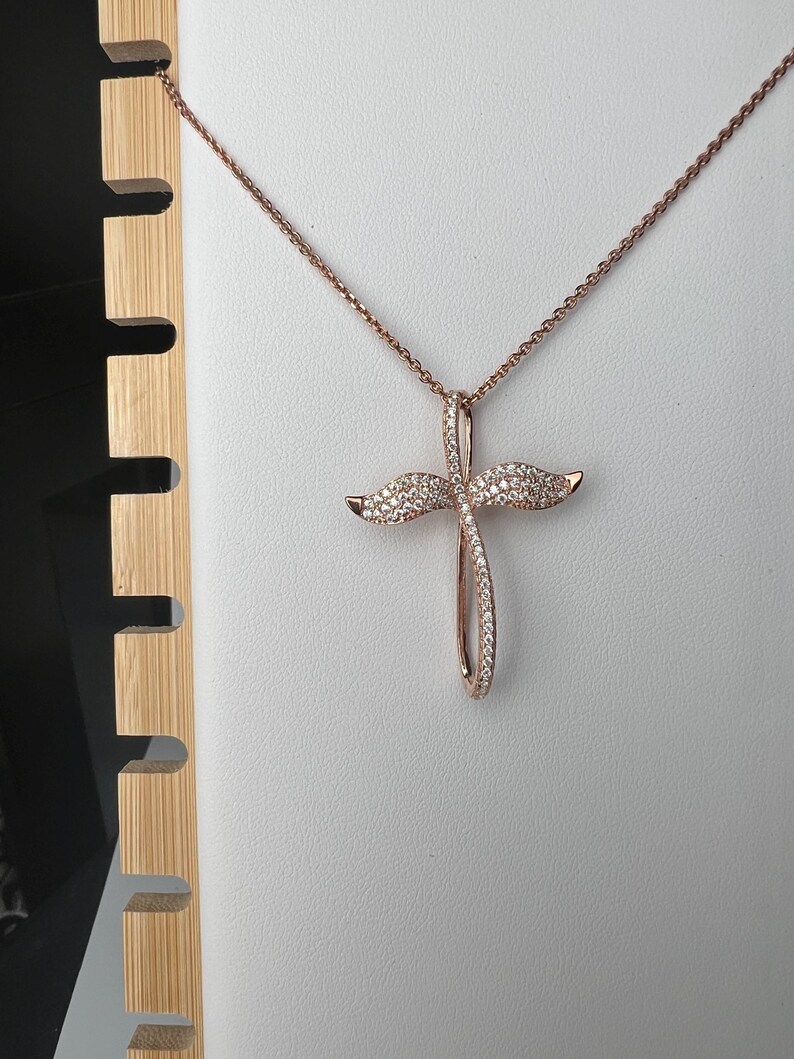 Rose Gold Cross Necklace: CZ Sterling Silver Pendant - Etsy