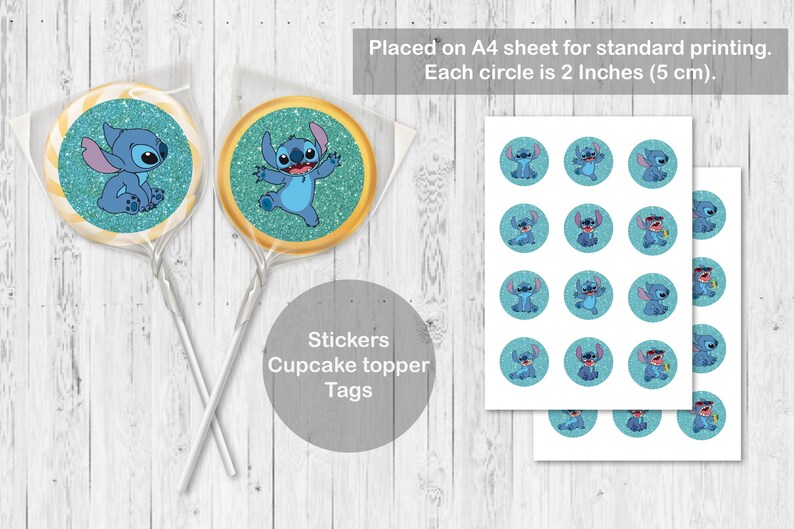 Stitch 2.5'' Etiquetas Redondas, Toppers Cupcakes, Pegatinas, Etiquetas ...