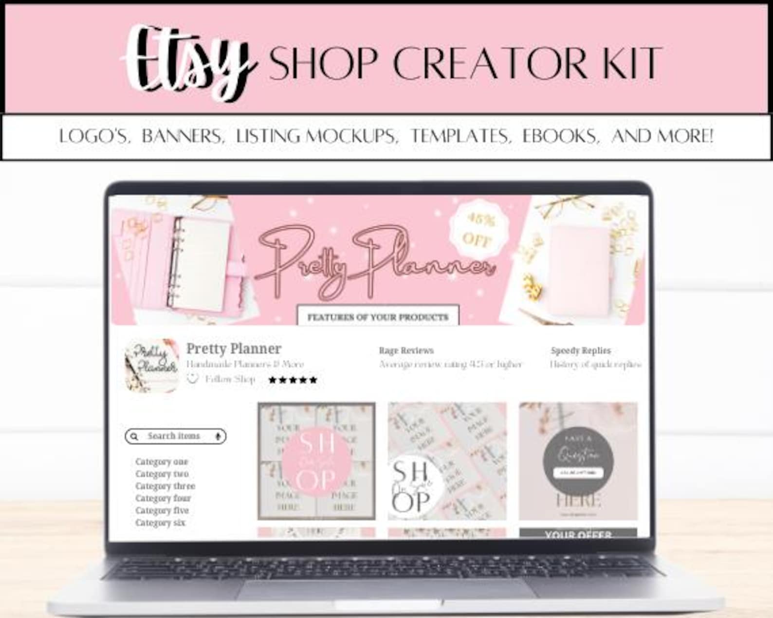 Etsy Shop Starter Kit, Pink Theme, Logos, Mockups, Banners, PLR ...