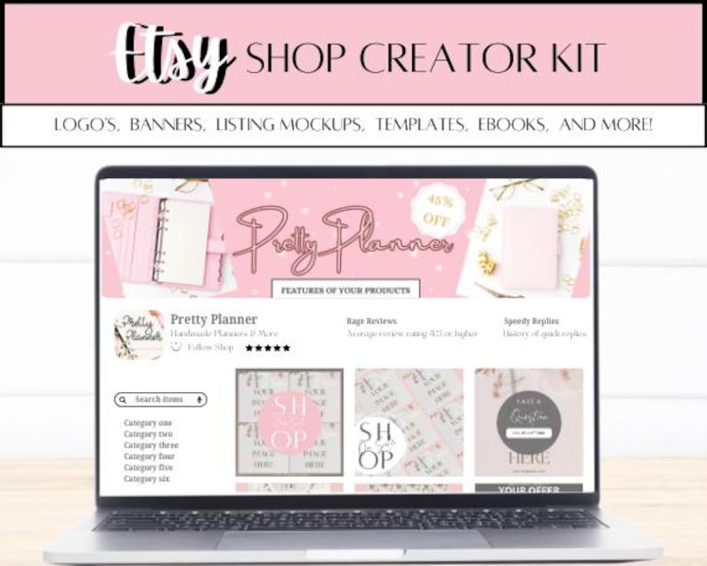 Etsy Shop Starter Kit, Pink Theme, Logos, Mockups, Banners, PLR ...