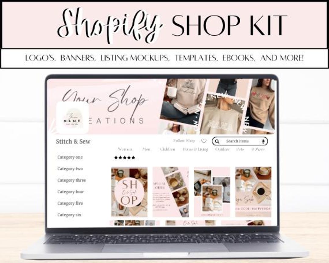 Aesthetic Soft Pink PLR Shopify Start-up Shop Bundle, Boho Shopify Theme Template, Banners ...