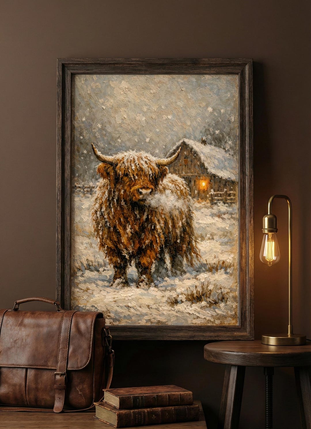 Highland Cow Winter Barn Art Print | Rustic Farmhouse Decor (digital ...