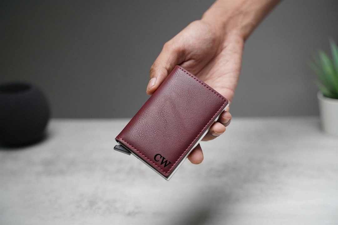 Personalised Leather Pop up Wallet, RFID Mechanical Card Holder, Mens ...