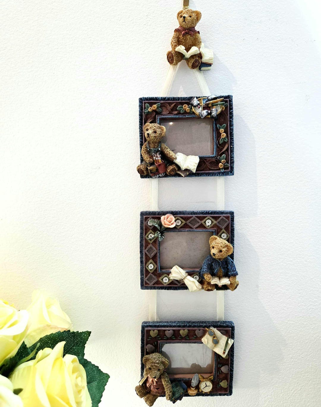 Vintage Teddy Bear Picture Frame Wall Hanging – 3-frame Vertical Decor ...