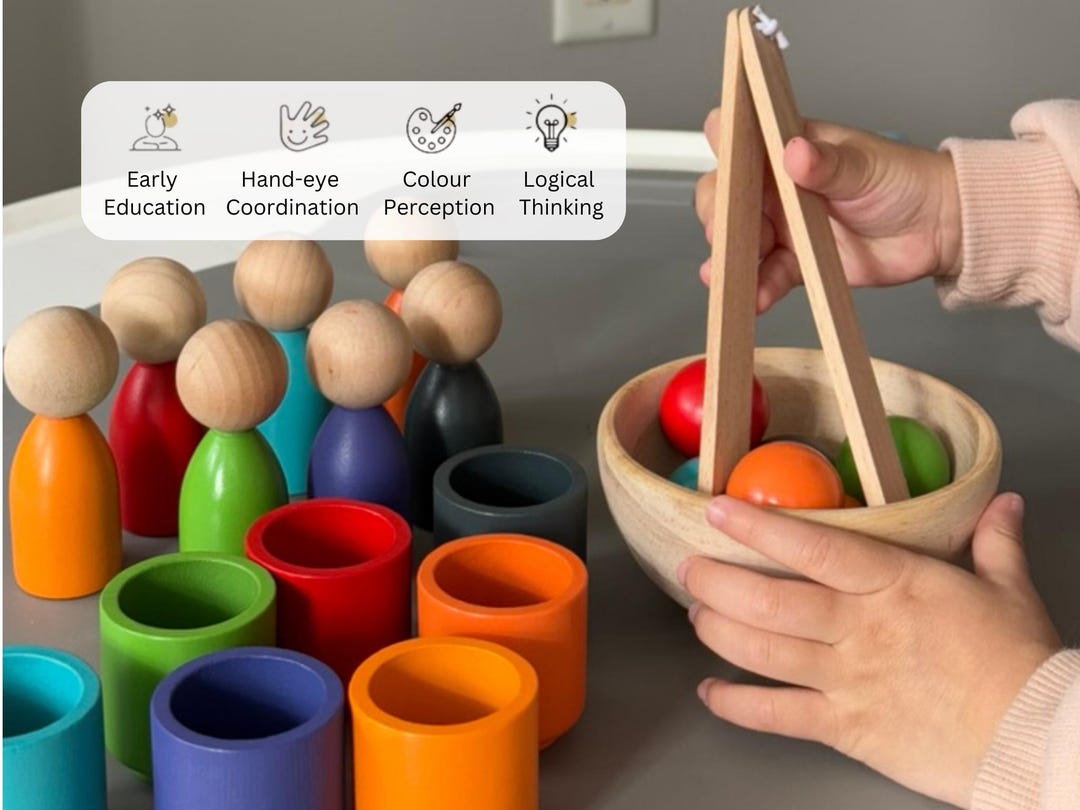Montessori Color Sorting Toy: Wooden Cups, Balls & Tweezers - Etsy
