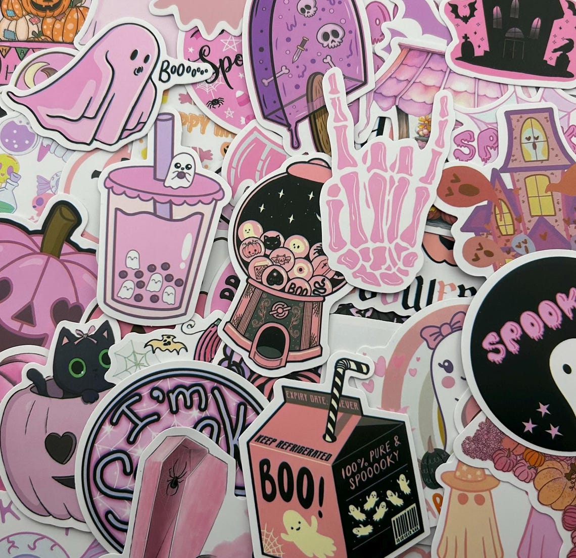Kawaii Pink Halloween Ghost Stickers | Spooky Cute Vinyl Decals for ...