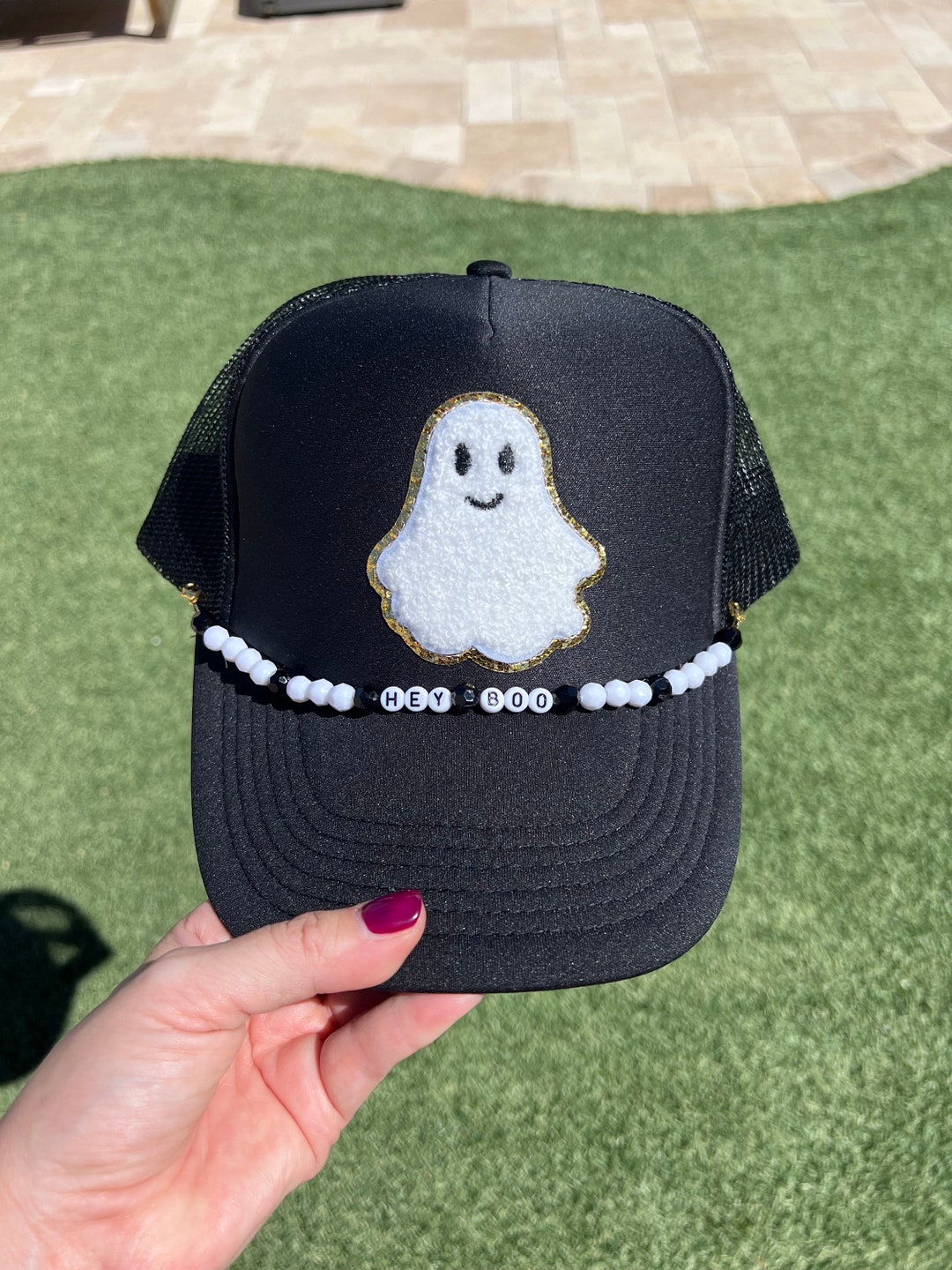 Ghost Trucker Hat White Chenille Ghost & Gold Trim, Hey Boo Hat Chain ...