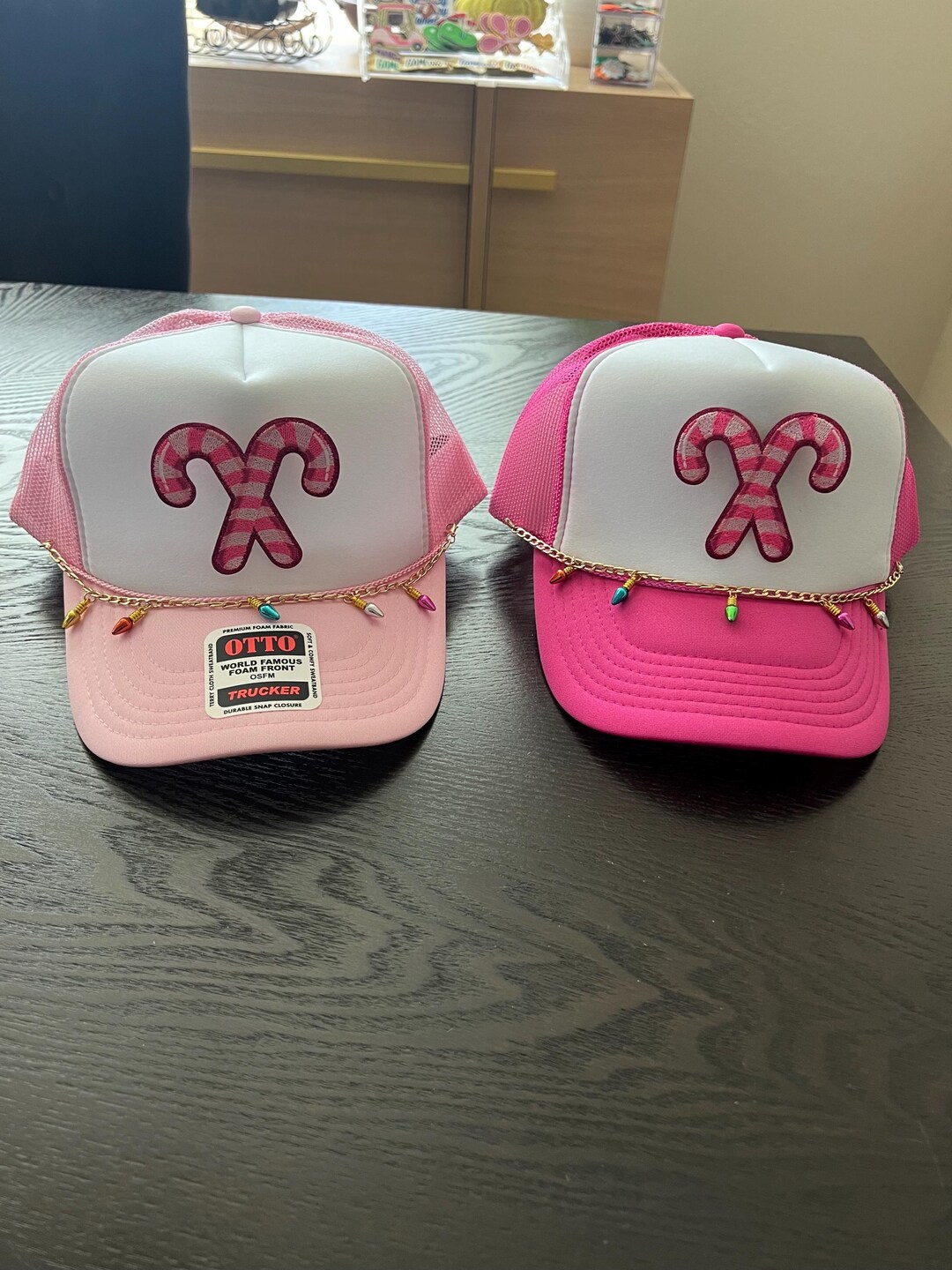 Preppy Candy Cane Trucker Hat With Festive Christmas Light Chain Pink ...